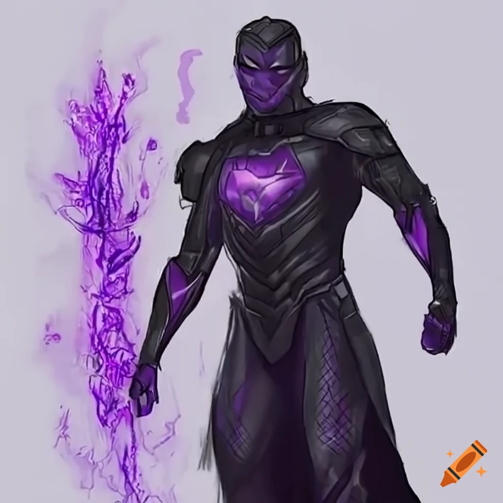 Superhero with purple energy aura in powerful pose and black body armor ...