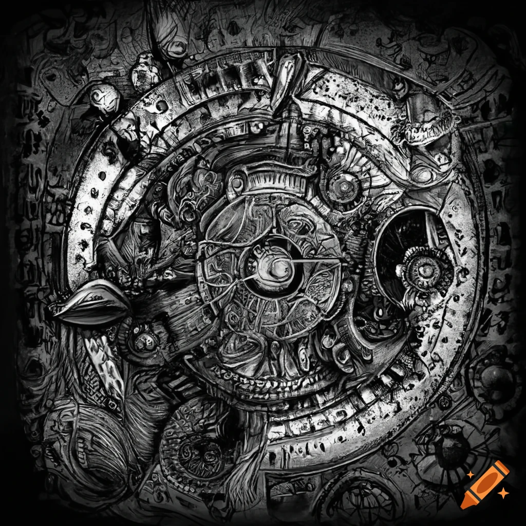 Black and white steampunk drawing for creating shadows on Craiyon