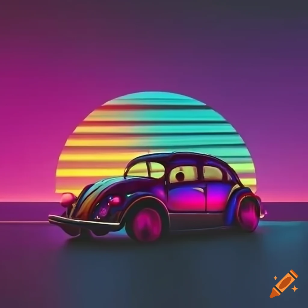 Rainbow beetle car with synthwave aesthetic on Craiyon