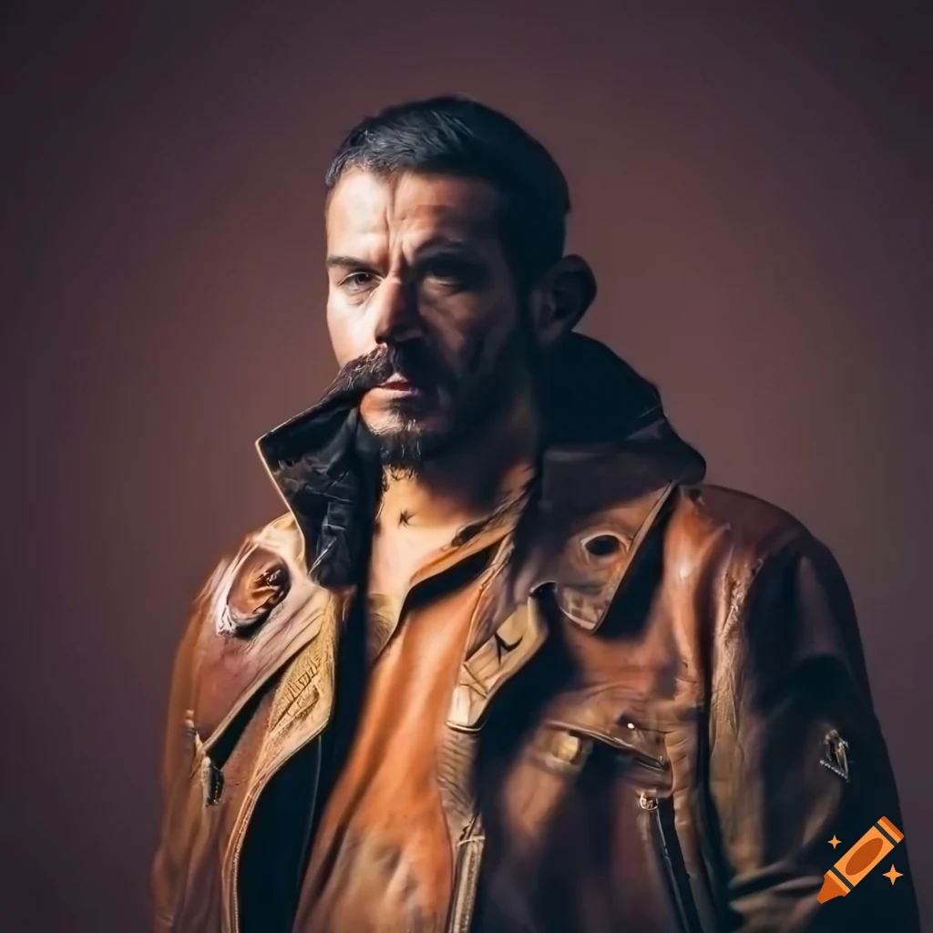 Intense portrait of a rugged spanish man in a leather jacket with burn ...