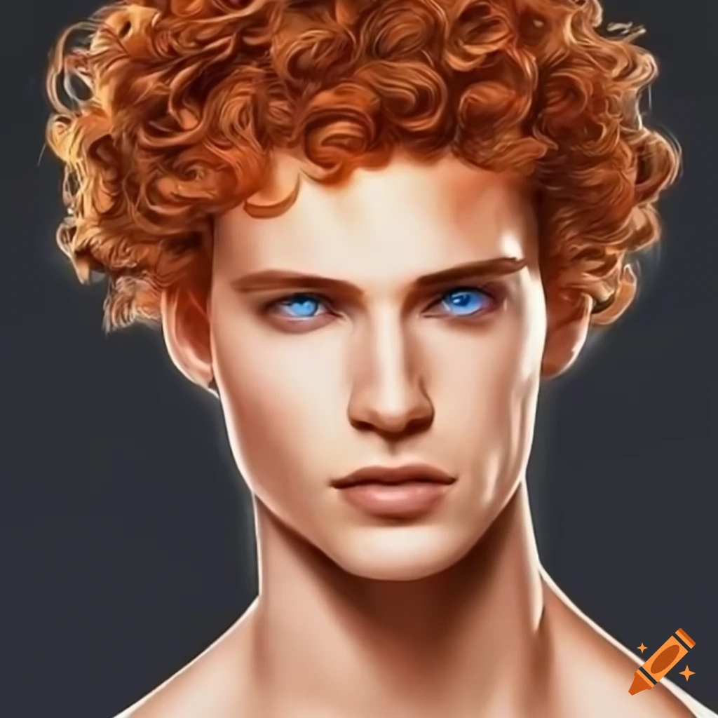 Greek mythology hero with curly ginger hair and glowing blue eyes on ...