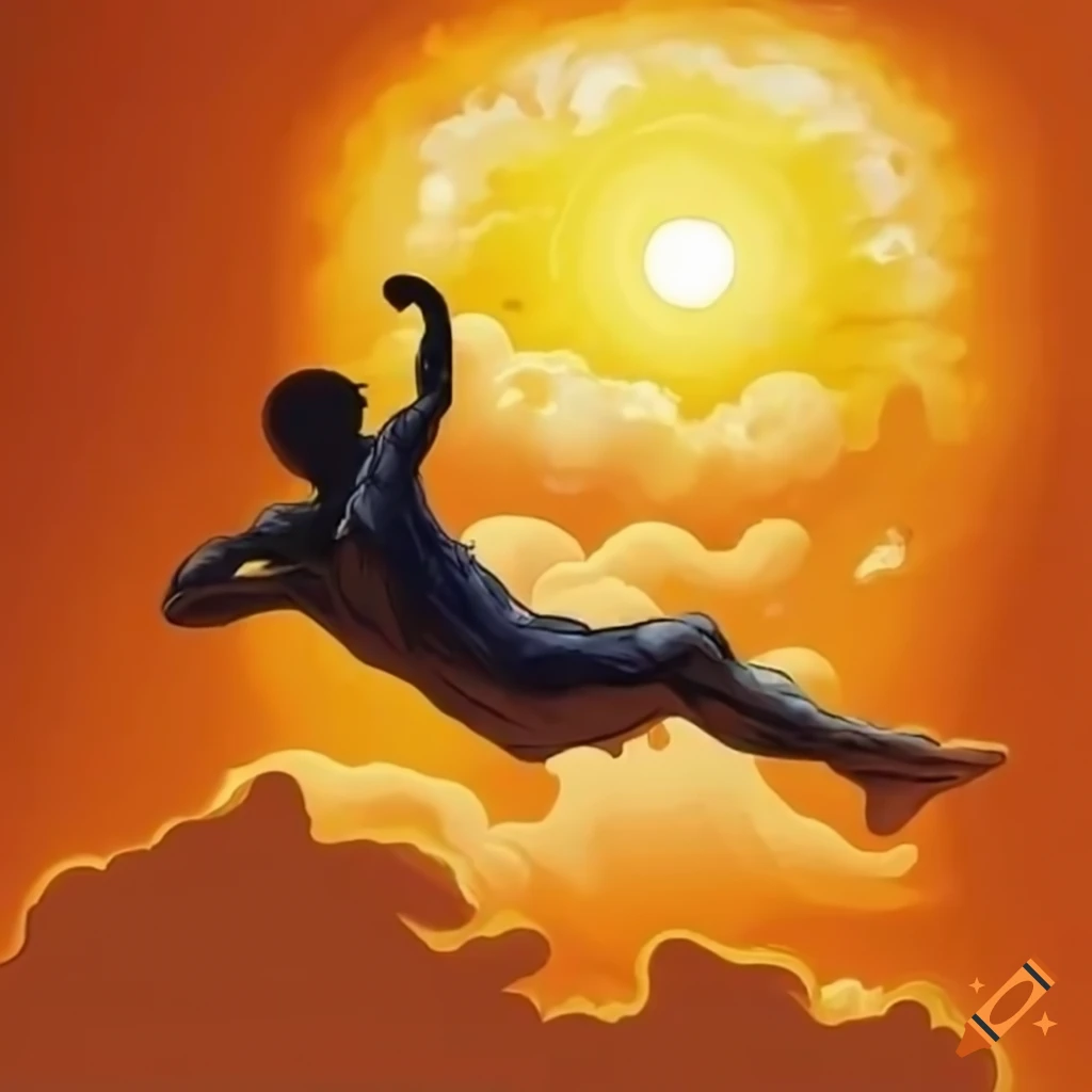 Adam falling from a wall in the clouds with the sun in the background ...