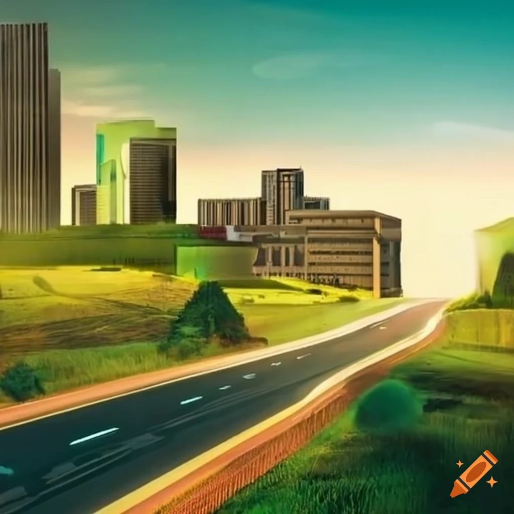Futuristic countryside with buildings and roads on Craiyon