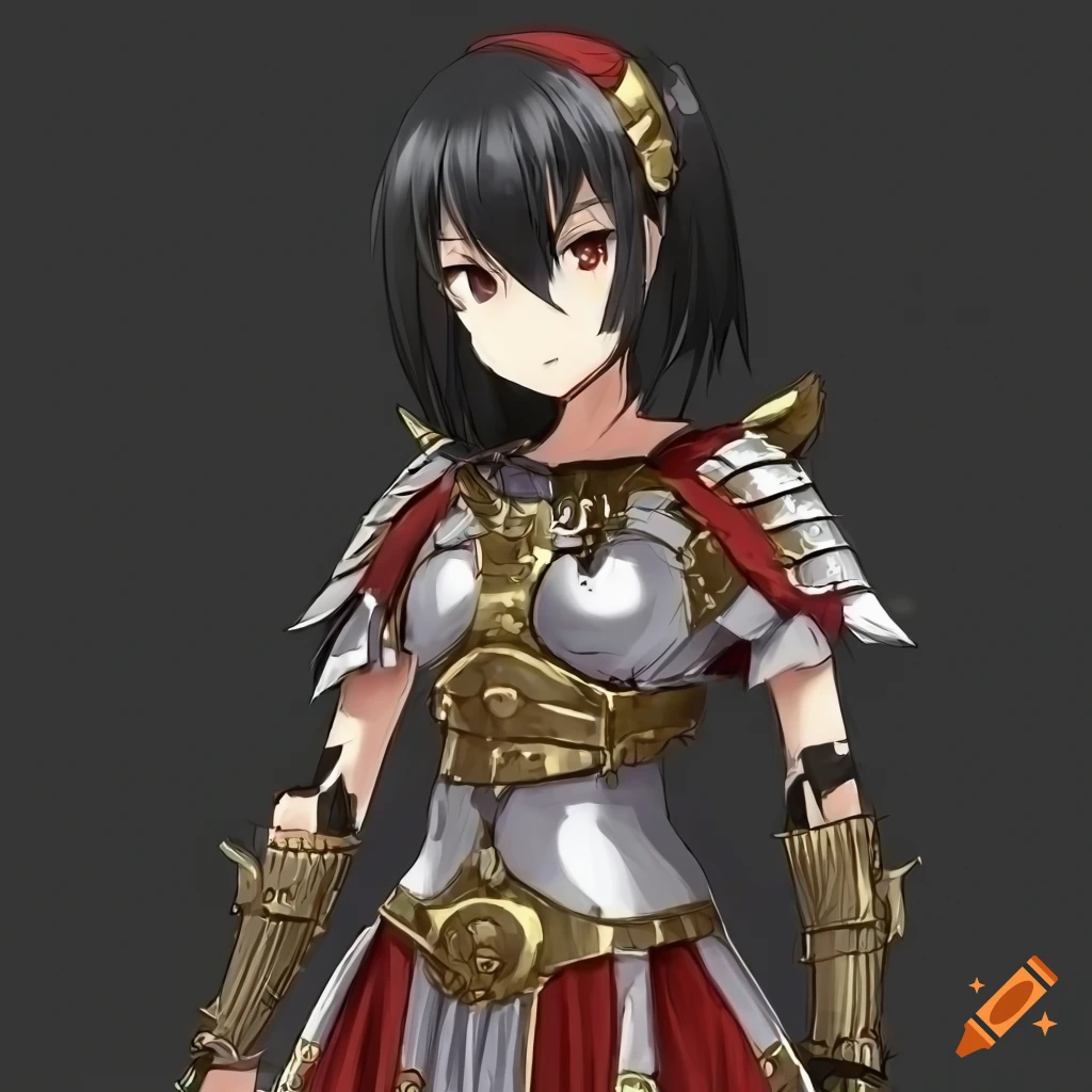 Anime girl with black hair in roman armor striking a graceful pose on ...