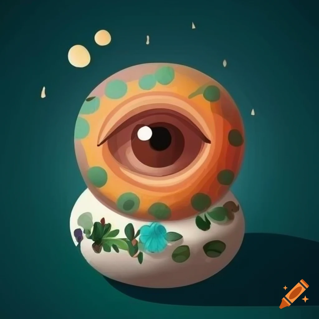 Surrealist flat design of decorative pot and cyclops eye flowers on a ...