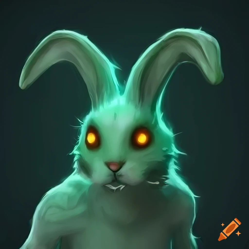 Stylized rabbit creature with haunting glowing yellow eyes and branch ...