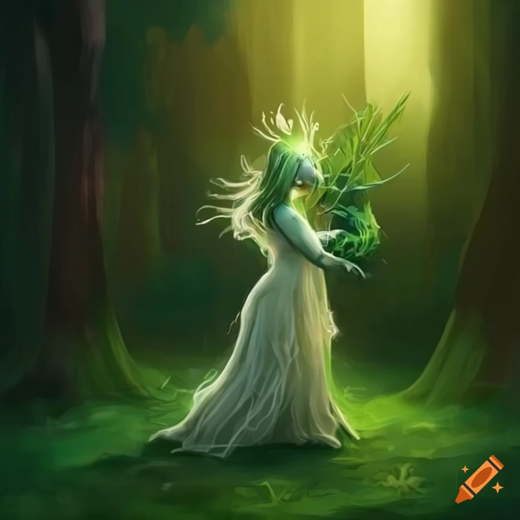 Plant spirit playing on a grass lawn in a fantasy setting on Craiyon