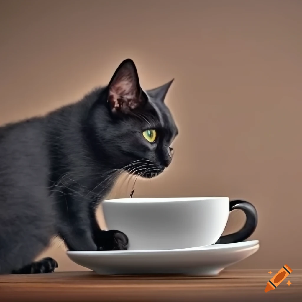 Black cat drinking from a teacup on a wooden table in a cozy kitchen on ...