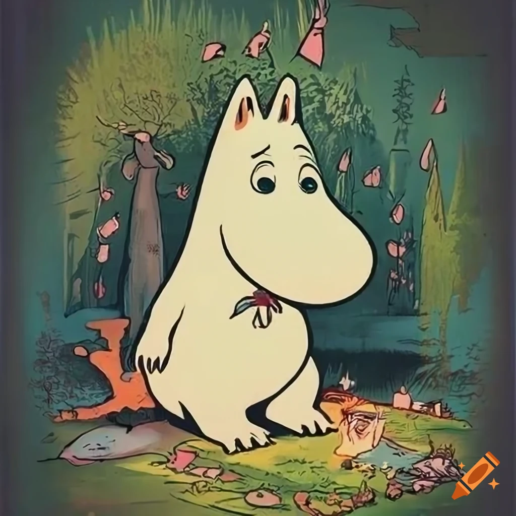 Vintage poster of Moomin Valley with a graphic novel villain pinup on ...