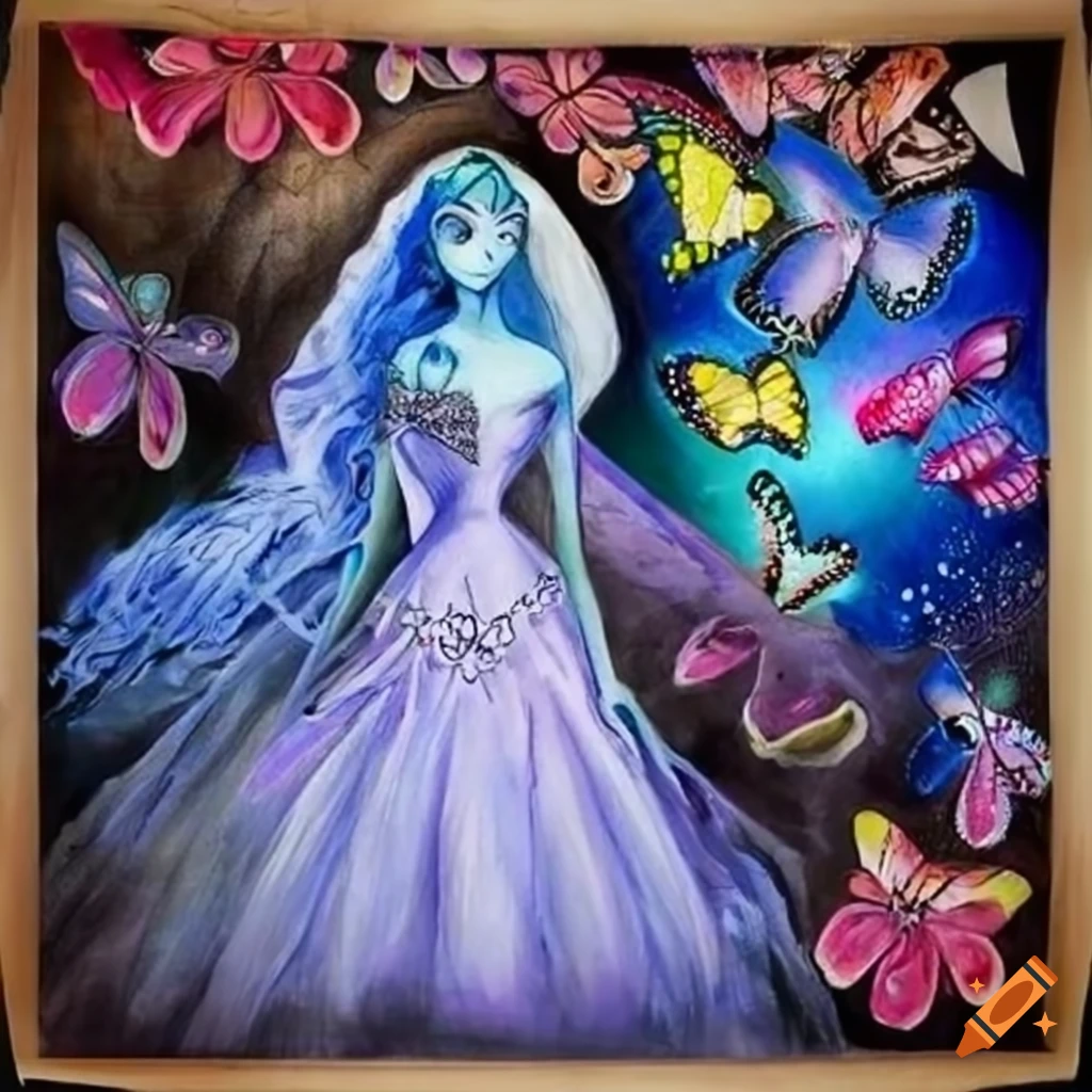 Corpse bride surrounded by butterflies in colored pencil art on Craiyon