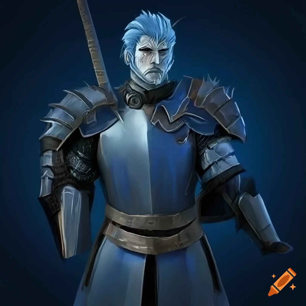 Fantasy knight with blue hair and heavy armor on Craiyon
