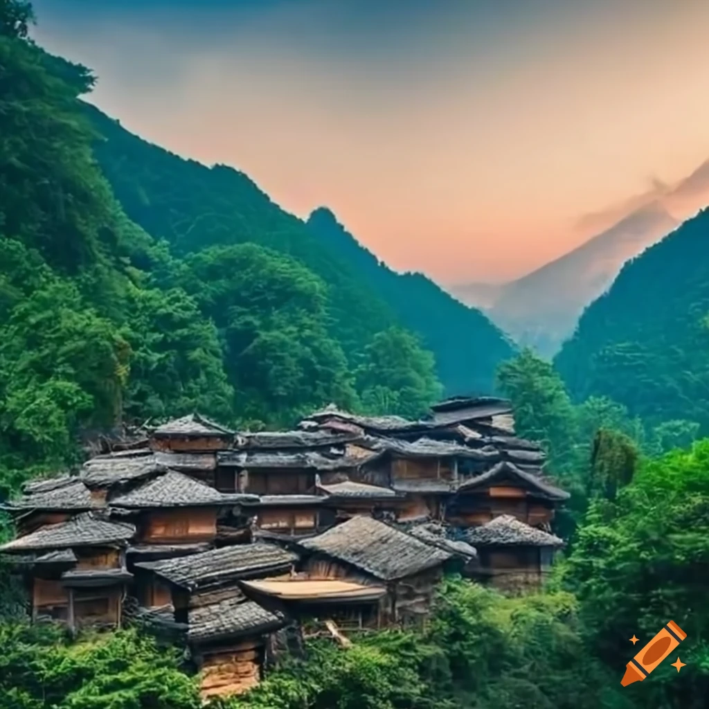 Small Asian wooden village in mountain surroundings on Craiyon
