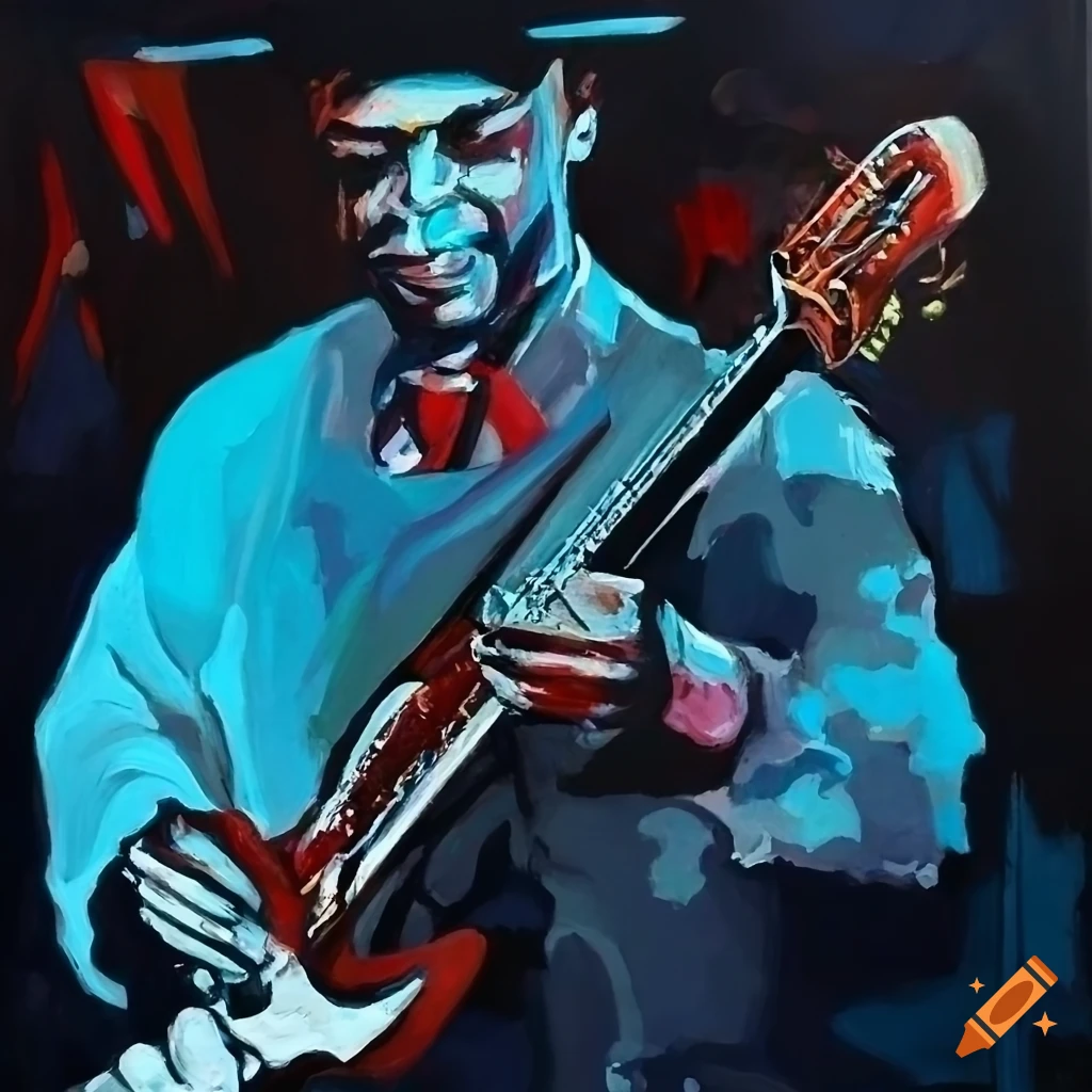 Painting of a guitarist playing jazz and soul music on Craiyon