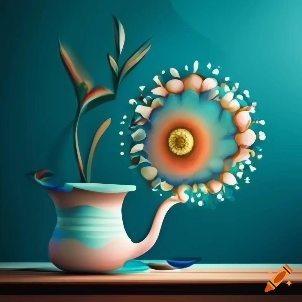 Surrealist flat design of decorative pot and flowers with an eye in the ...