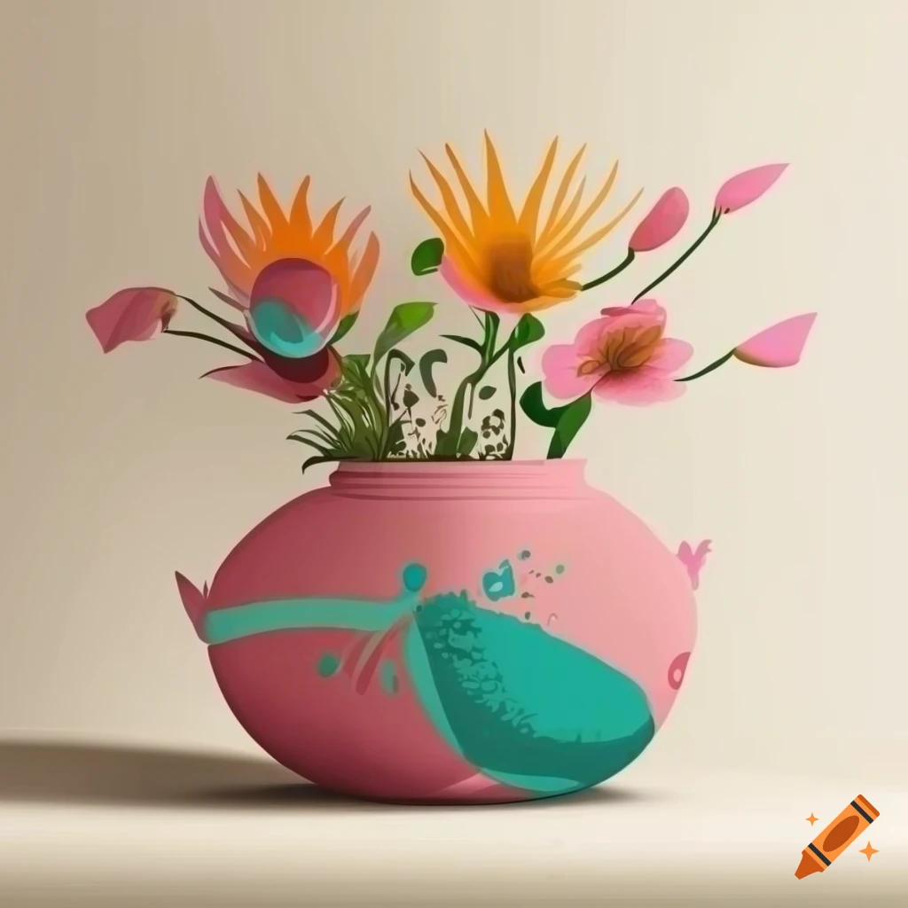 Surrealist decorative pot and flowers with an eye in the center of the ...