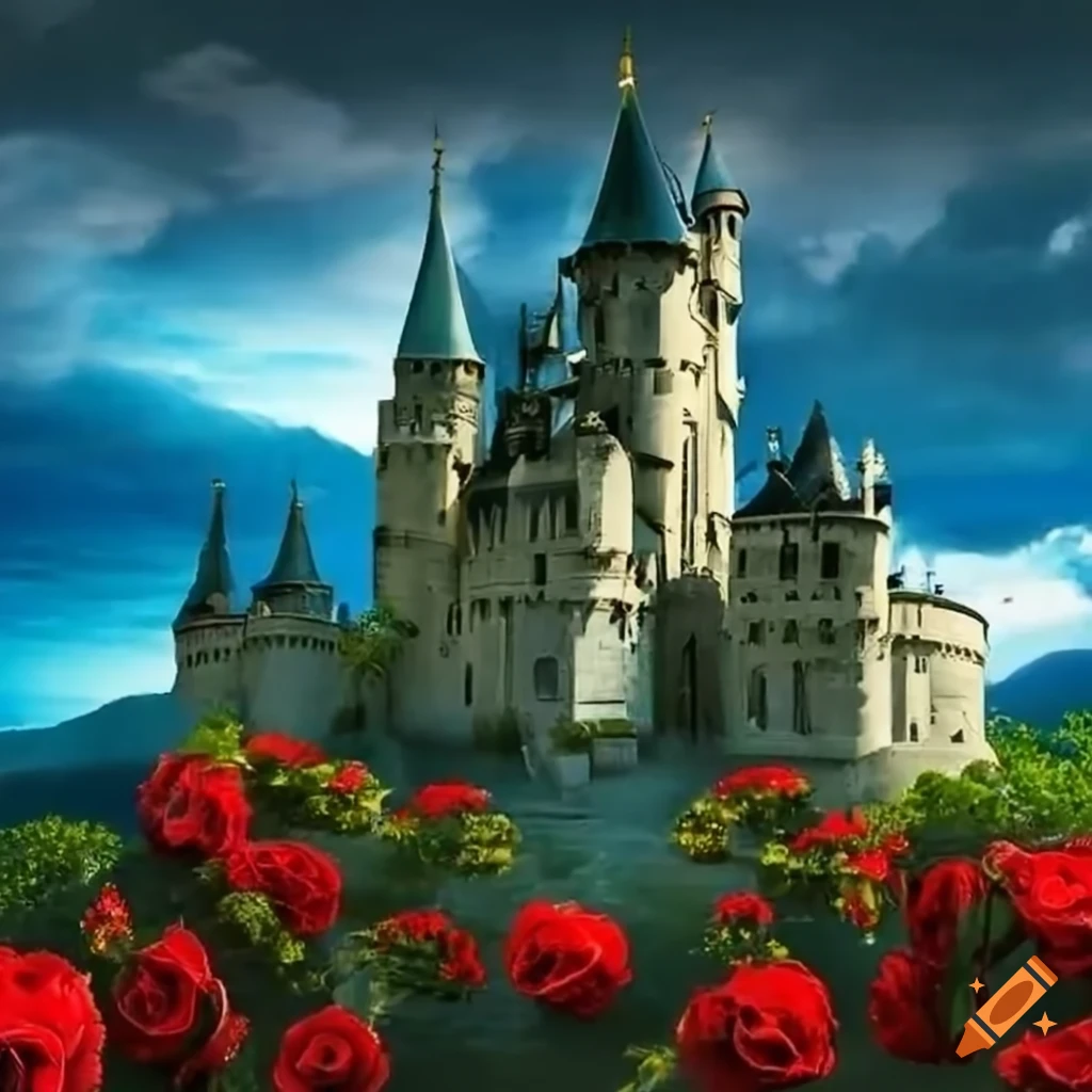 Fairytale castle with red rose garden and enchanted creatures on Craiyon