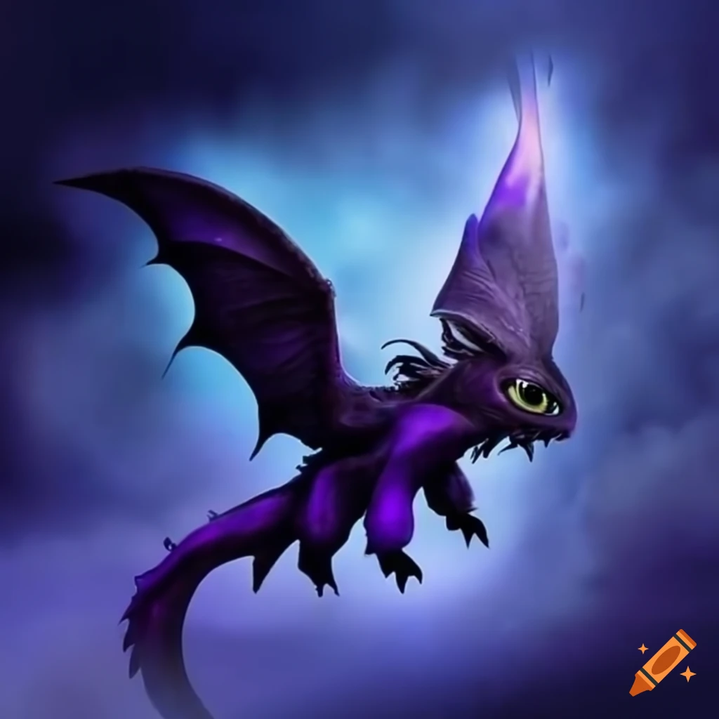 Purple dragon flying among the clouds in a fantasy landscape on Craiyon