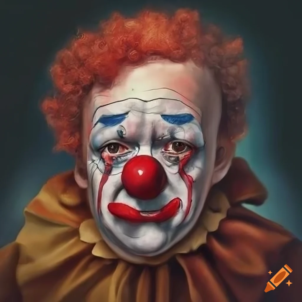 Sad clown portrait in a realistic style on Craiyon