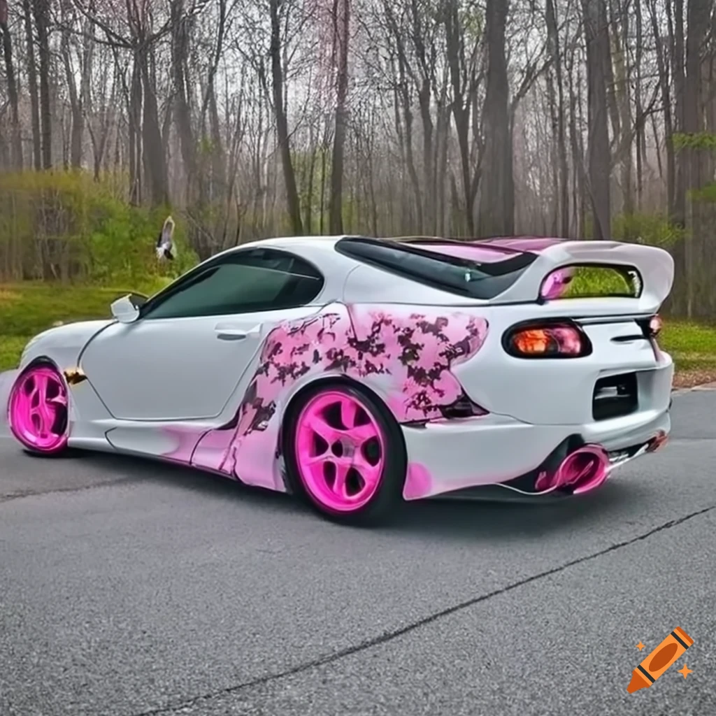 Cherry blossom car wrap on a white Toyota Supra mk4 with pink wheel on ...