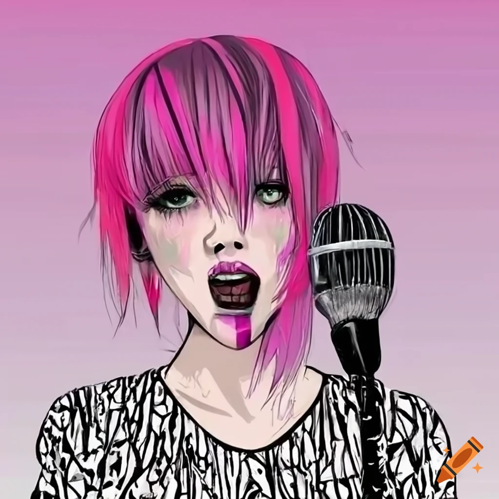 Emo girl with black hair and pink bangs singing into a microphone on Craiyon