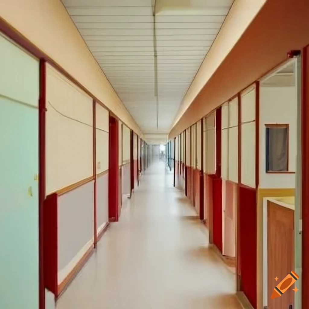 School corridor with classrooms and a hall in the middle on Craiyon