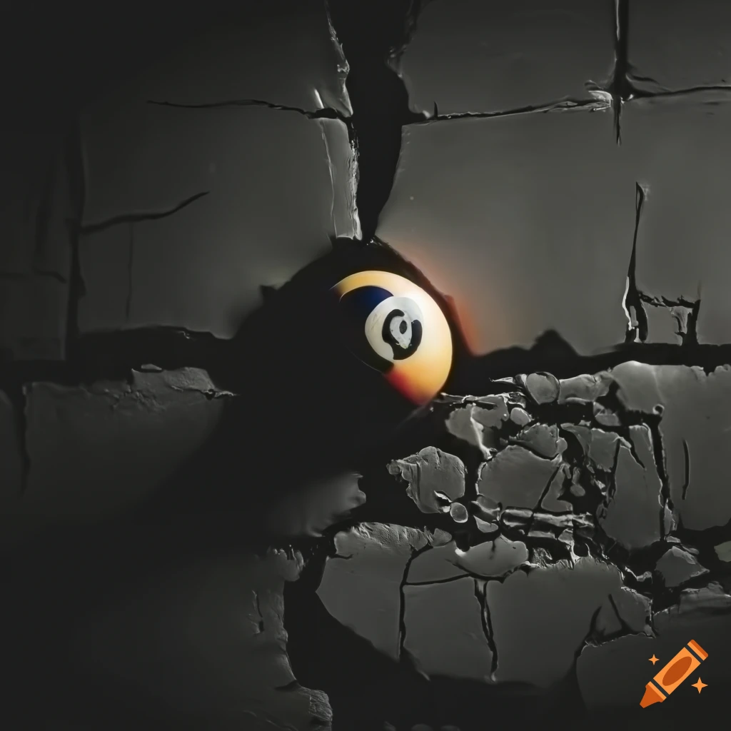 Pool ball stuck in cracked wall in dark setting on Craiyon