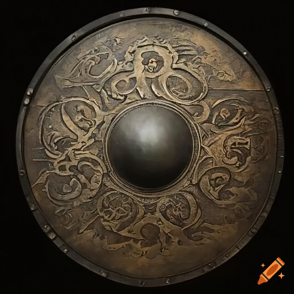 Round bronze shield with an engraved dragon motif on Craiyon