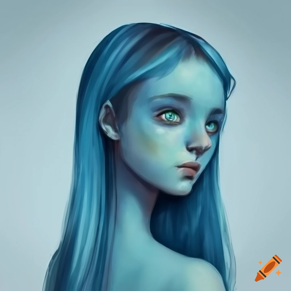 Blue girl with green eyes in a dress on Craiyon