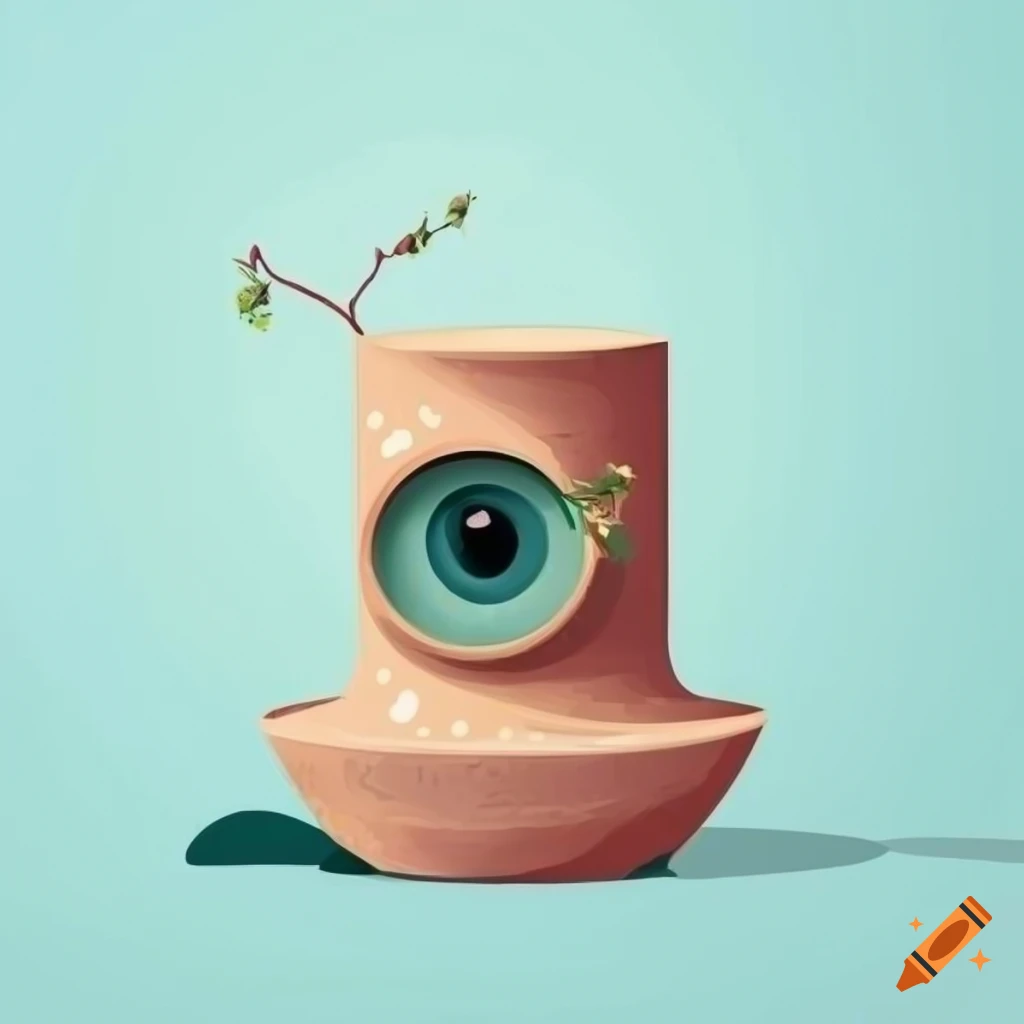 Surrealist flat design of a decorative pot and flowers with a cyclops ...