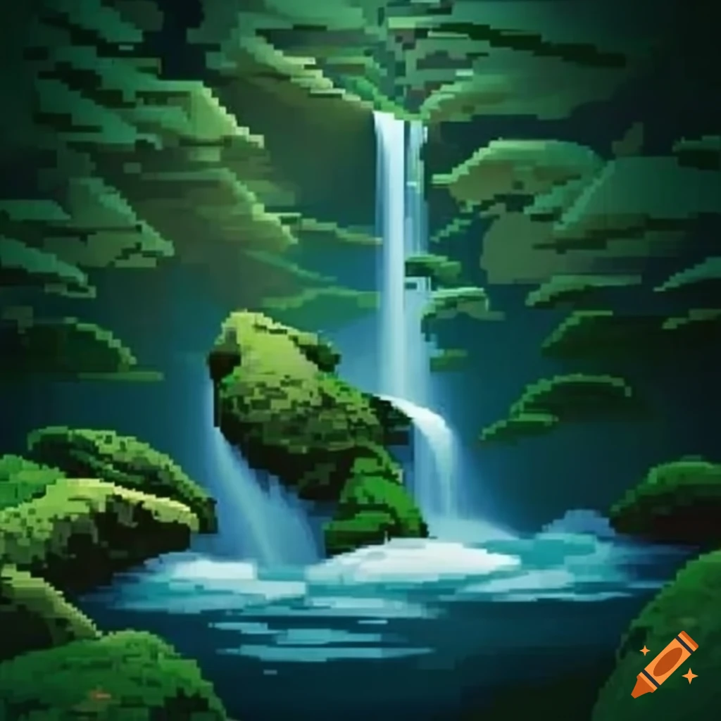 Hidden waterfall surrounded by mossy rocks and trees in pixel art on ...