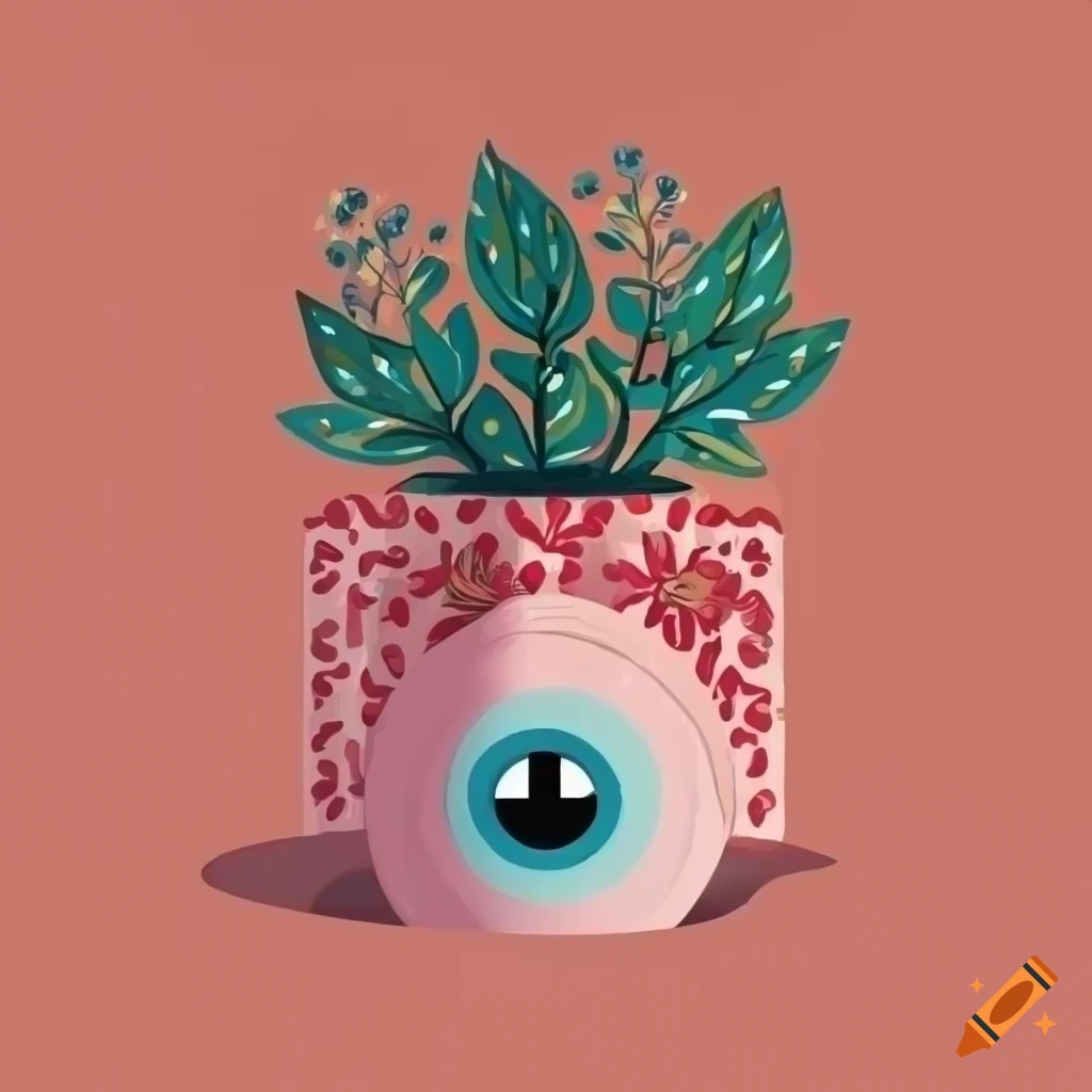 Surrealist flat design of decorative pot and flowers with an eye in the ...