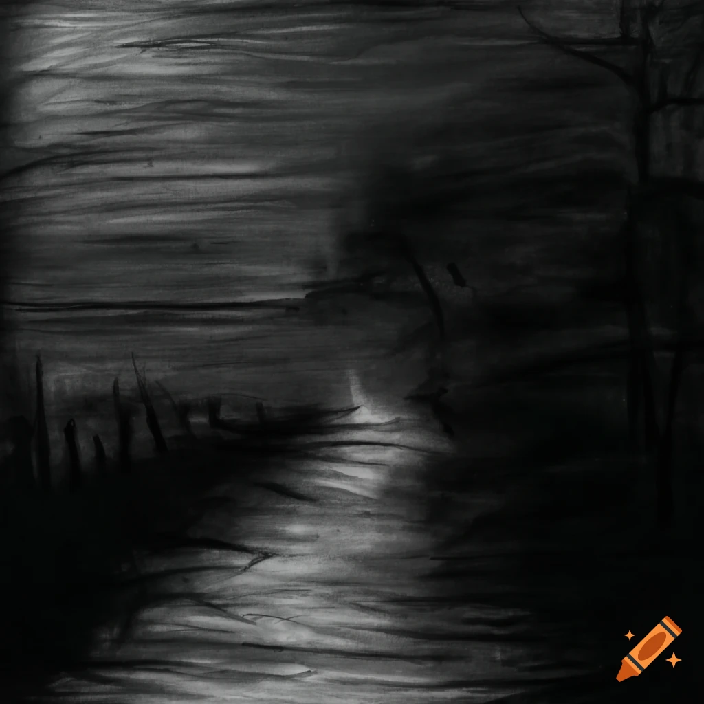 Field path at night in a charcoal black and white drawing on Craiyon