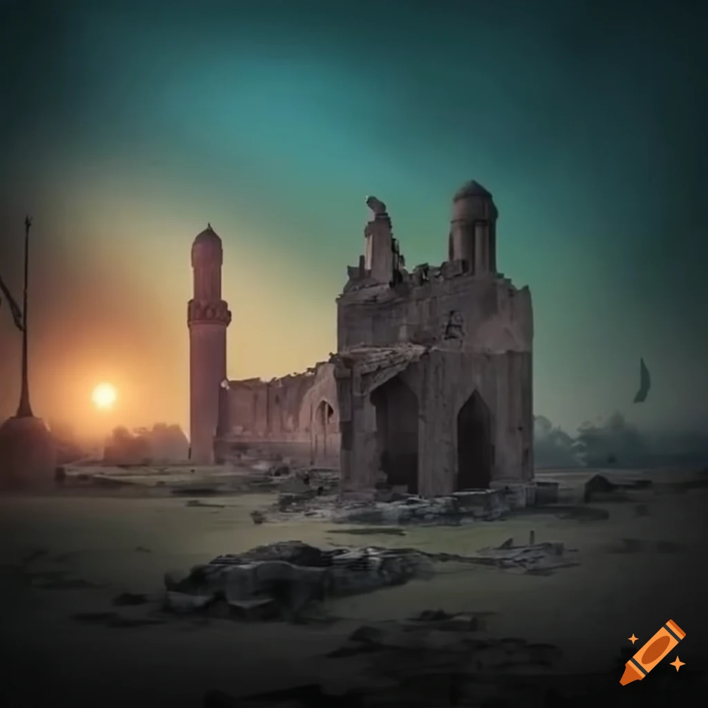 Ruins of a historical mosque in a desolate setting on Craiyon