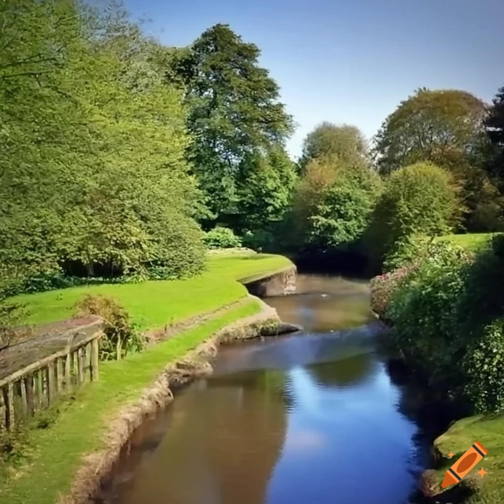 Gardens in Knighton park with a stream in Leicester, England on Craiyon
