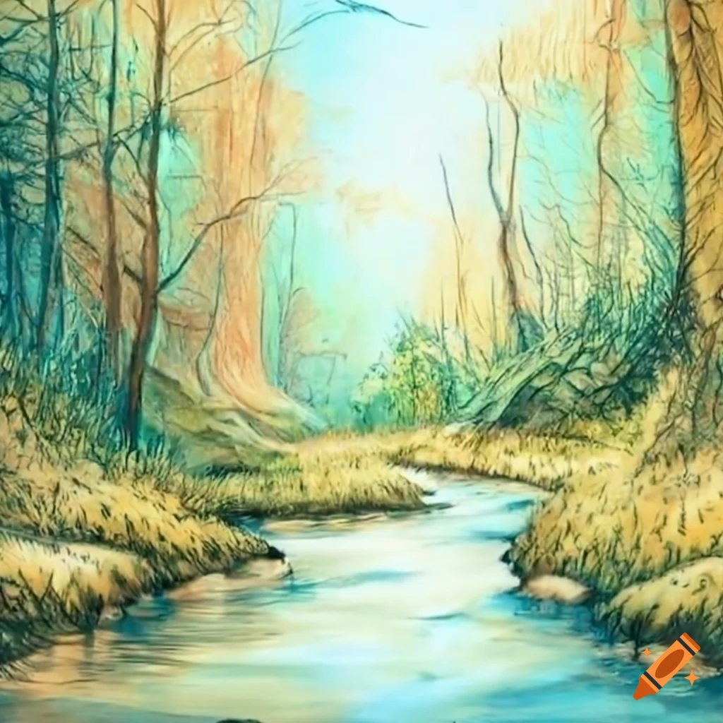 River flowing through a forest in march, beginning of spring on Craiyon