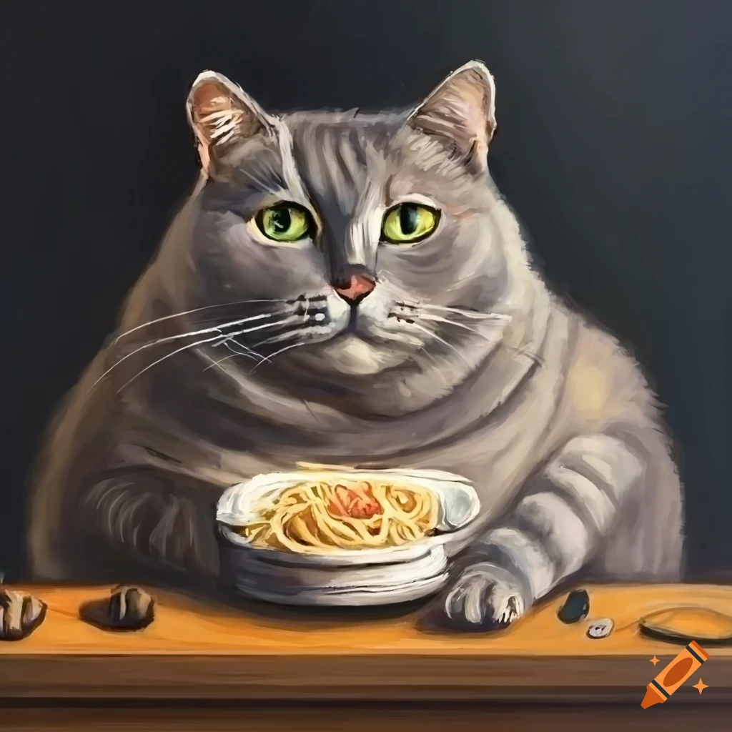 Fat gray cat with face in takeout box making a mess on wooden table on ...