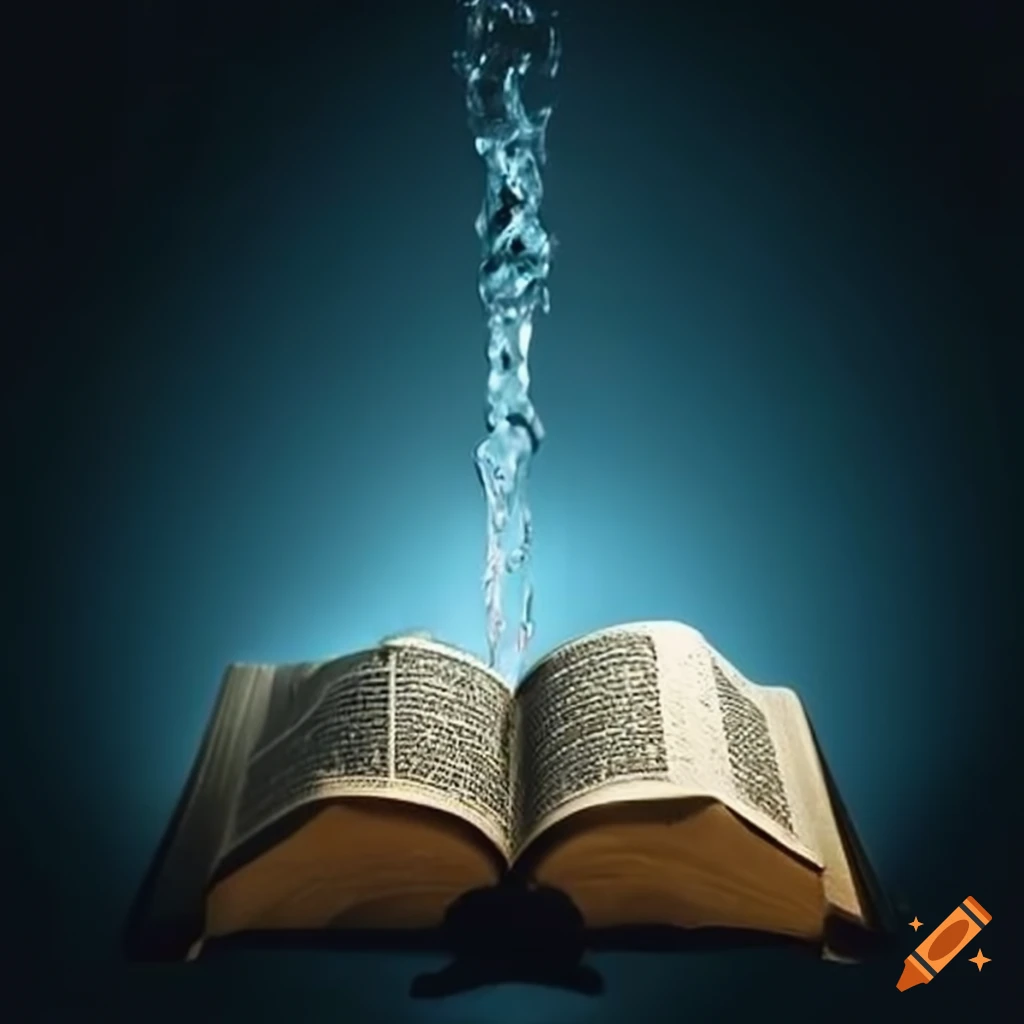 Flowing water through the pages of a bible on Craiyon