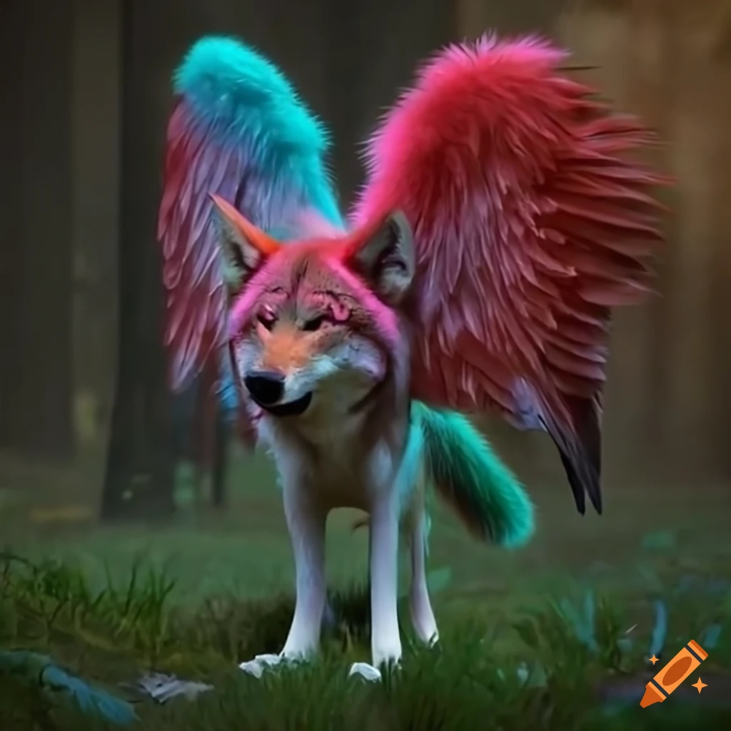 Wolf with reddish-pink fur and angel wings in the forest on Craiyon