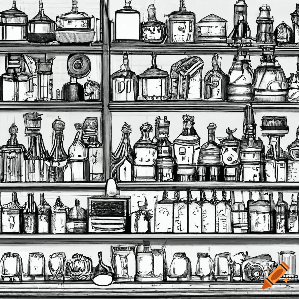 Eclectic alchemist shop with potions, weapons, and machine parts in ...