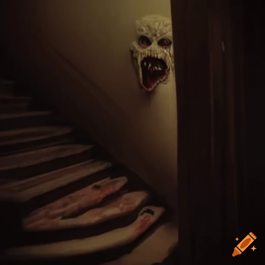 Bloody creature emerging from a dark basement at night on Craiyon