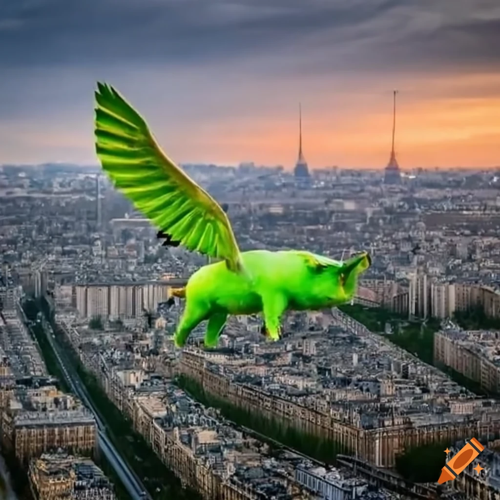 Winged green pig flying over paris near the eiffel tower on Craiyon