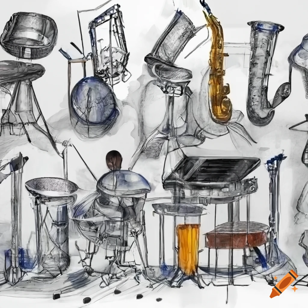 Collage of music instruments including piano, drums, guitar, and ...