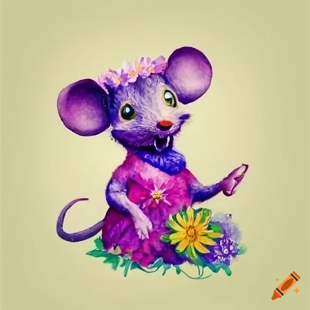 Anthropomorphic pink mouse made of flower blossoms in a flower field on ...