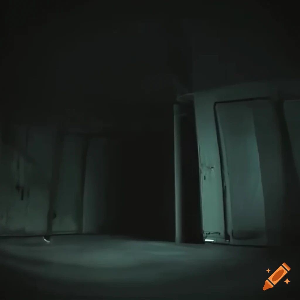 Gloomy room with human figure, unnaturally big eyes and wide open mouth ...