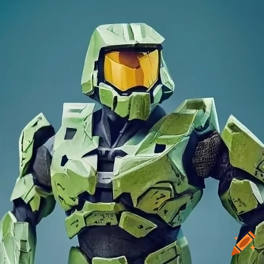 Origami sculpture of master chief on an alien background on Craiyon