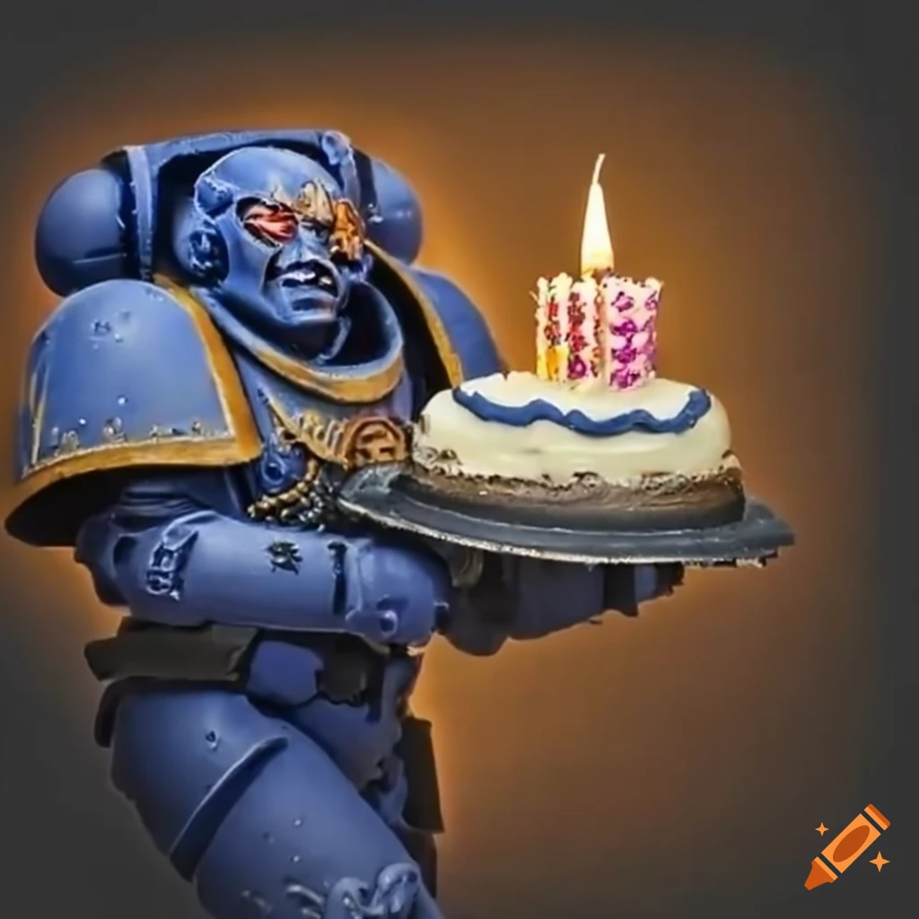 Space marine from warhammer 40k holding a birthday cake on Craiyon