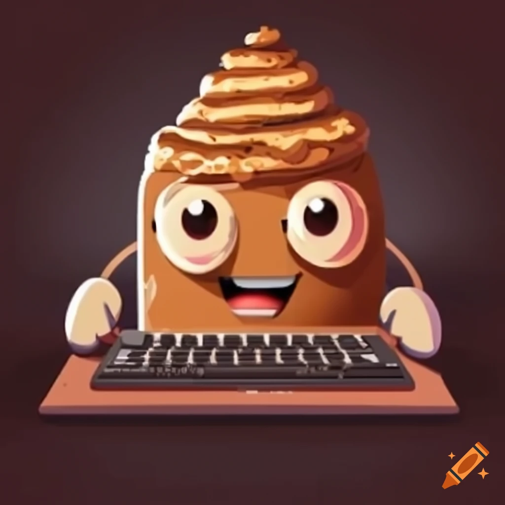 Cartoon walnut cake character typing on a computer at a desk on Craiyon