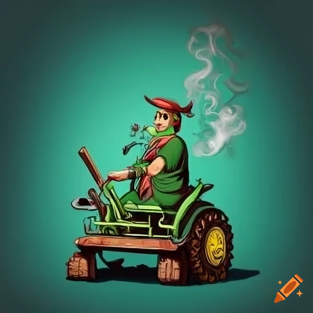 Illustration of a crazy gardener on a lawnmower under tall pine trees ...