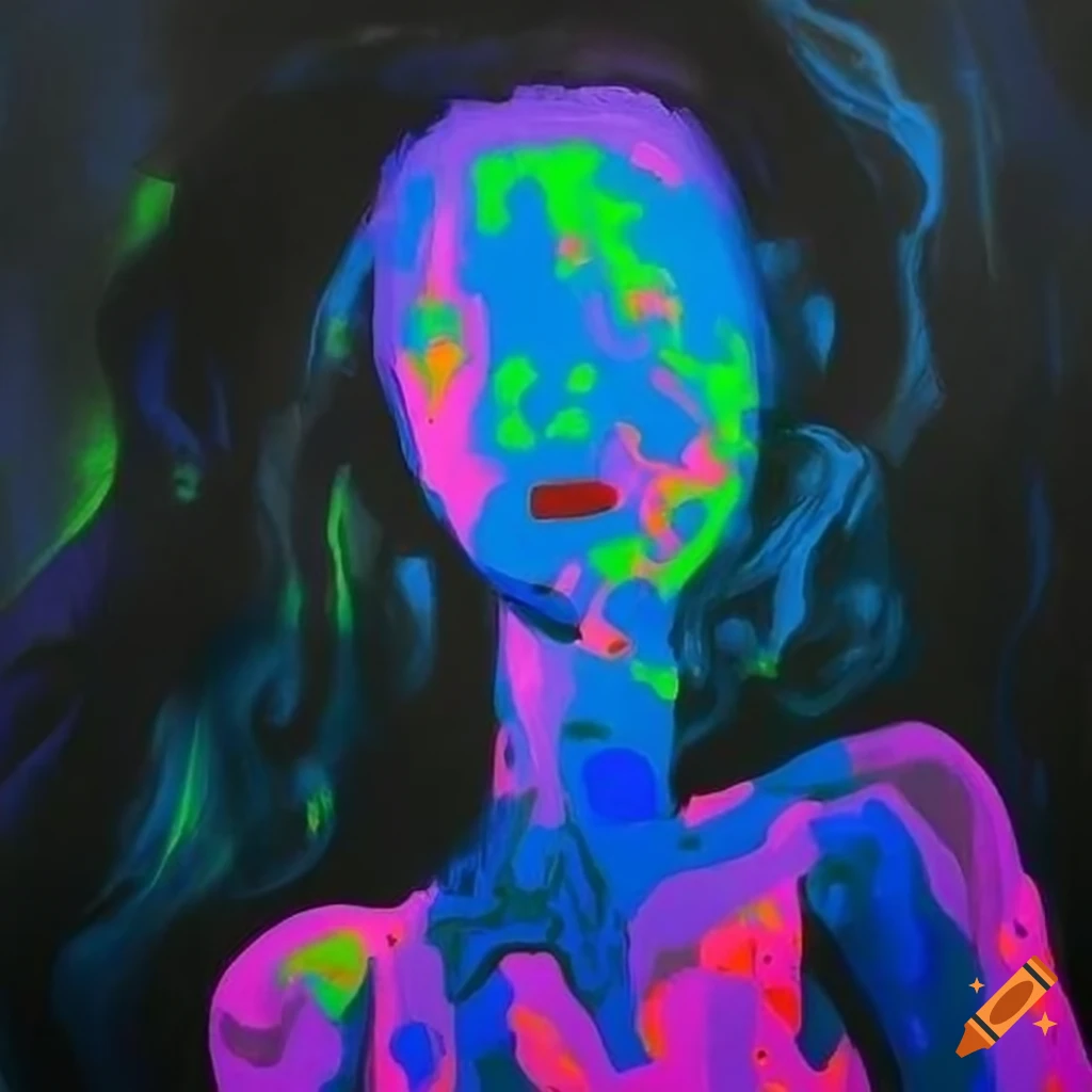 Abstract art piece with stylized woman's figure in fluorescent colors ...
