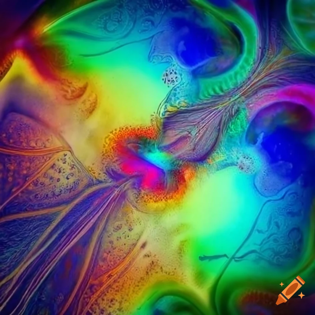 Hyper-realistic macro drawing of a living rainbow cell with intricate ...